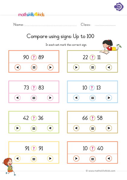 1st Grade Comparing Numbers Worksheets