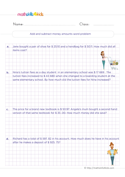 Grade 5 Money Math Worksheets Word Problems With Solutions