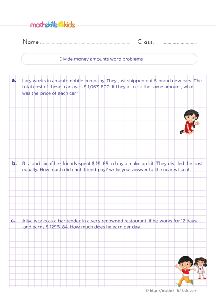 Money Word Problems Worksheets For Grade 5 Money Word Problems With 