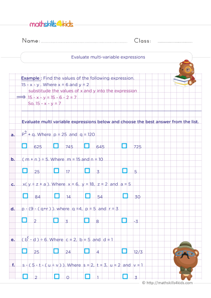 Algebraic Expressions Worksheets For Grade 5 Evaluating Expressions 